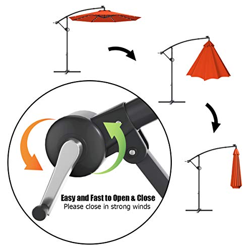 Tangkula 10 FT Patio Offset Umbrella with 360 Degree Rotation, Solar Powered LED Umbrella with Crank Handle & Cross Base, Outdoor Market Umbrella with Aluminum Pole