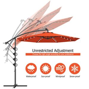 Tangkula 10 FT Patio Offset Umbrella with 360 Degree Rotation, Solar Powered LED Umbrella with Crank Handle & Cross Base, Outdoor Market Umbrella with Aluminum Pole