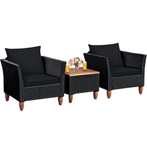 tangkula 3 piece patio furniture set, patiojoy outdoor wicker rattan bistro sofa set w/washable cushion, acacia wood top coffee table, conversation set w/adjustable feet for balcony backyard porch