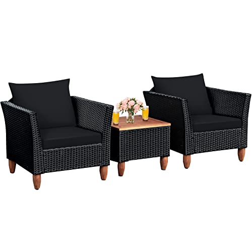 Tangkula 3 Piece Patio Furniture Set, Patiojoy Outdoor Wicker Rattan Bistro Sofa Set w/Washable Cushion, Acacia Wood Top Coffee Table, Conversation Set w/Adjustable Feet for Balcony Backyard Porch