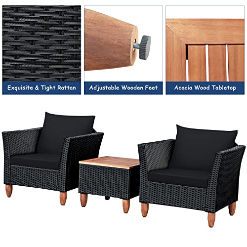 Tangkula 3 Piece Patio Furniture Set, Patiojoy Outdoor Wicker Rattan Bistro Sofa Set w/Washable Cushion, Acacia Wood Top Coffee Table, Conversation Set w/Adjustable Feet for Balcony Backyard Porch