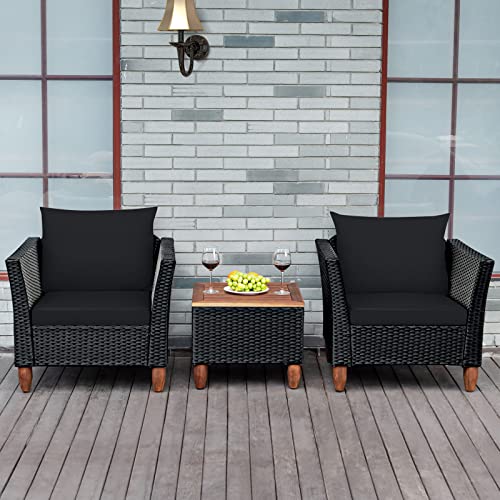 Tangkula 3 Piece Patio Furniture Set, Patiojoy Outdoor Wicker Rattan Bistro Sofa Set w/Washable Cushion, Acacia Wood Top Coffee Table, Conversation Set w/Adjustable Feet for Balcony Backyard Porch