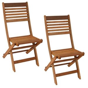 sunnydaze meranti wood outdoor folding patio chairs – set of 2 – outside wooden bistro furniture for lawn, deck, balcony, garden and porch – teak oil finish