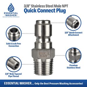 Pressure Washer Quick Connect Fittings by ESSENTIAL WASHER, Stainless Steel 3/8 Inch Male NPT Pressure Washer Plug - Set of 2, Works with Most Stainless Steel or Brass Pressure Washer Couplers