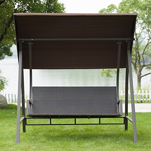 PatioPost Porch Swing Outdoor Lounge Chair Seats 3 Patio PE Wicker Glider Bench with Steel Frame and Padded Cushion, Dark Brown