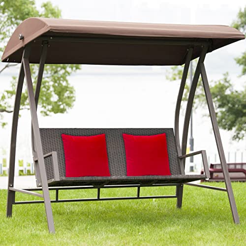 PatioPost Porch Swing Outdoor Lounge Chair Seats 3 Patio PE Wicker Glider Bench with Steel Frame and Padded Cushion, Dark Brown