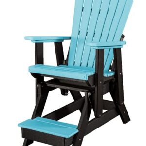 DutchCrafters Slat Fan Back Poly Balcony Adirondack Glider with Footrest Outdoor Patio Chair (Black & Aruba Blue)