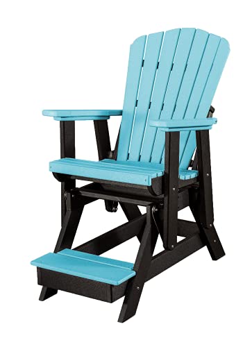 DutchCrafters Slat Fan Back Poly Balcony Adirondack Glider with Footrest Outdoor Patio Chair (Black & Aruba Blue)