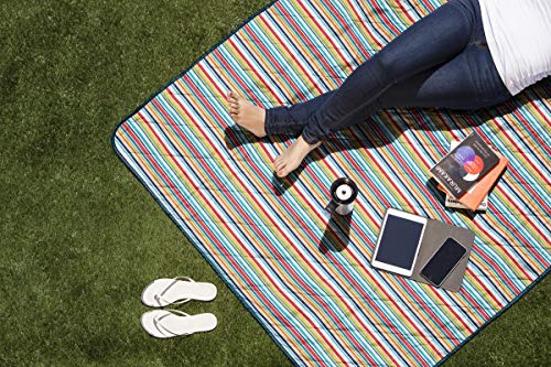 ONIVA - a Picnic Time brand - Vista Outdoor Picnic Blanket & Tote - Beach Blanket - Camping Blanket, (Fun Stripe Pattern with Aqua Blue Exterior)