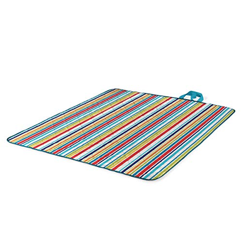 ONIVA - a Picnic Time brand - Vista Outdoor Picnic Blanket & Tote - Beach Blanket - Camping Blanket, (Fun Stripe Pattern with Aqua Blue Exterior)