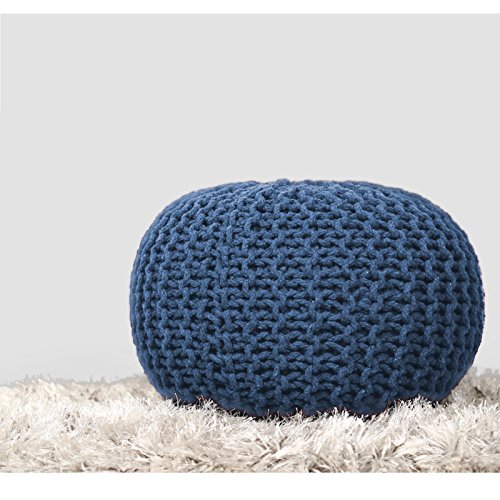 RAJRANG BRINGING RAJASTHAN TO YOU Cotton Stuffed Pouf Hand Knitted Braided Cotton Cord Round Ottoman Bedroom Decorative Seating Blue 20 x 14 Inch