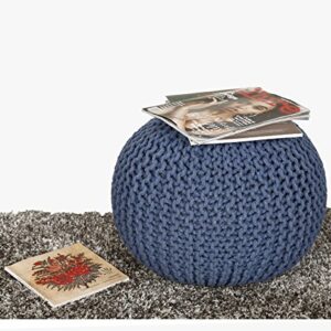 RAJRANG BRINGING RAJASTHAN TO YOU Cotton Stuffed Pouf Hand Knitted Braided Cotton Cord Round Ottoman Bedroom Decorative Seating Blue 20 x 14 Inch