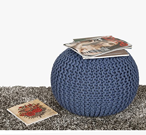 RAJRANG BRINGING RAJASTHAN TO YOU Cotton Stuffed Pouf Hand Knitted Braided Cotton Cord Round Ottoman Bedroom Decorative Seating Blue 20 x 14 Inch