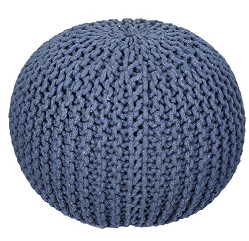 RAJRANG BRINGING RAJASTHAN TO YOU Cotton Stuffed Pouf Hand Knitted Braided Cotton Cord Round Ottoman Bedroom Decorative Seating Blue 20 x 14 Inch