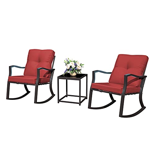 RTDTD 3 Piece Outdoor Rocking Chairs Patio Bistro Sets Modern Patio Furniture Set Conversation Sets with Coffee Table & 2 Red Thickened Cushions for Garden, Pool, Backyard