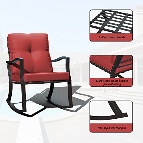 RTDTD 3 Piece Outdoor Rocking Chairs Patio Bistro Sets Modern Patio Furniture Set Conversation Sets with Coffee Table & 2 Red Thickened Cushions for Garden, Pool, Backyard