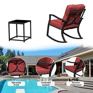 RTDTD 3 Piece Outdoor Rocking Chairs Patio Bistro Sets Modern Patio Furniture Set Conversation Sets with Coffee Table & 2 Red Thickened Cushions for Garden, Pool, Backyard