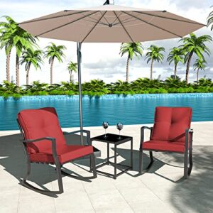 RTDTD 3 Piece Outdoor Rocking Chairs Patio Bistro Sets Modern Patio Furniture Set Conversation Sets with Coffee Table & 2 Red Thickened Cushions for Garden, Pool, Backyard