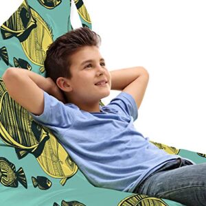 lunarable fish lounger chair bag, hand-drawn graphic ocean river marine underwater theme, high capacity storage with handle container, lounger size, pale yellow pale blue