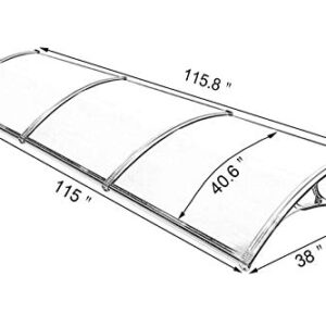 MCombo 38 inch x 116 inch Window Awning Outdoor Polycarbonate Door Shade Patio Cover Canopy, 6055-4012 (Pure White Bracket +Clear Hollow Sheet)