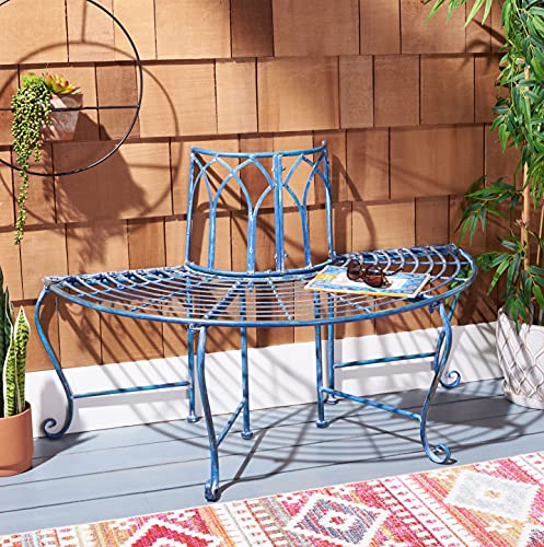 Safavieh PAT5018C Outdoor Collection Abia Antique Wrought Iron 50-inch Tree Bench, Mossy Blue