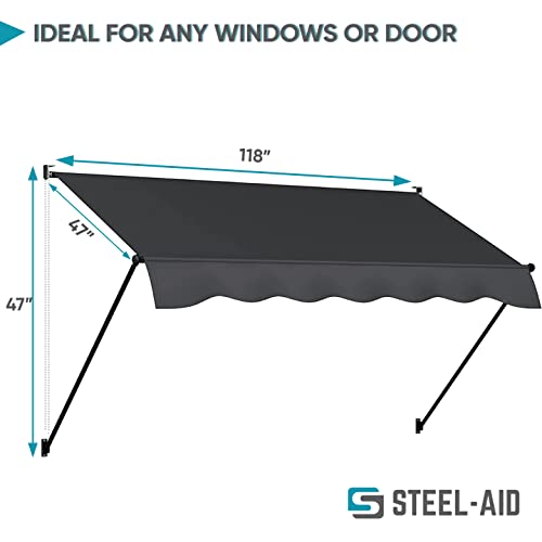 STEELAID Manual Retractable Awning | 118” Screw-in Outdoor Sun Shade | Adjustable Pergola Shade Cover w/ UV Protection| 100% Polyester Waterproof Outdoor Canopy for Windows & Doors