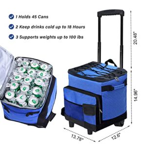 Rolling Cooler with Wheels and Handle - 45 Cans Leakproof Collapsible Soft Rolling Cooler Bag with Removable Liner for Camping, Beach Trip, Outdoor Activities