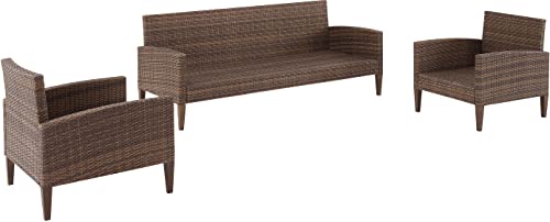 Crosley Furniture KO70193BR-CR Capella Outdoor Wicker 3-Piece Sofa Set (Sofa, 2 Armchairs), Brown with Creme Cushions