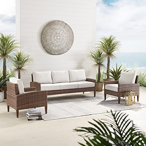 Crosley Furniture KO70193BR-CR Capella Outdoor Wicker 3-Piece Sofa Set (Sofa, 2 Armchairs), Brown with Creme Cushions