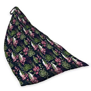 Ambesonne Botanical Lounger Chair Bag, Pink Tropical Flowers and Green Exotic Leaves on Dark Blue Background Natural Art, High Capacity Storage with Handle Container, Lounger Size, Multicolor