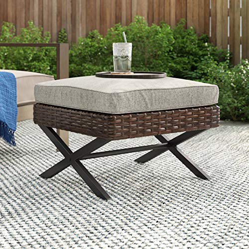 PatioFestival Wicker Patio Ottoman Outdoor Footstools Rattan Furniture X-Leg All Weather Footrest Seat with Cushion(Brown)