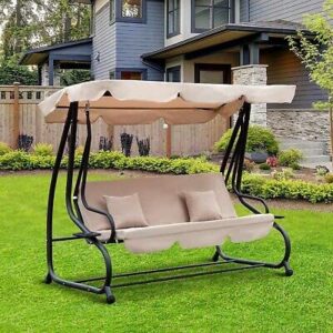 Outdoor 3-Person Patio Porch Swing Hammock Bench with Adjustable Canopy Beige