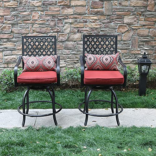 PHI VILLA Outdoor Swivel Bar Stools Set of 2, 27.5" Bar Height Patio Chairs with Red Seat Cushion, Extra Wide Bar Stools with Armrest & Back, Coating Old Craft (Pillow Included)