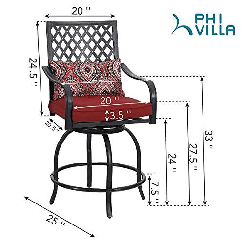 PHI VILLA Outdoor Swivel Bar Stools Set of 2, 27.5" Bar Height Patio Chairs with Red Seat Cushion, Extra Wide Bar Stools with Armrest & Back, Coating Old Craft (Pillow Included)