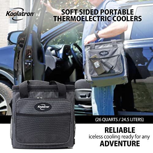 Koolatron Thermoelectric Iceless 12V Cooler Bag, 26 qt (25 L) Black/Gray Soft-Sided Portable Car Fridge w/DC Power Cord, Adjustable Shoulder Strap, Cord Storage, Travel Fishing Trucking Road Trip