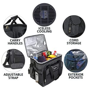 Koolatron Thermoelectric Iceless 12V Cooler Bag, 26 qt (25 L) Black/Gray Soft-Sided Portable Car Fridge w/DC Power Cord, Adjustable Shoulder Strap, Cord Storage, Travel Fishing Trucking Road Trip