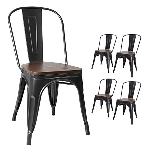 VICTONE Metal Dining Chair with Wood Top/Seat Indoor-Outdoor Use Chic Dining Bistro Cafe Side Bar Chair Coffee Chair Set of 4 Black