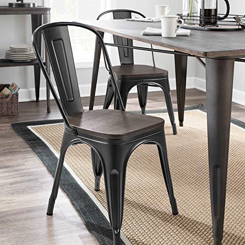 VICTONE Metal Dining Chair with Wood Top/Seat Indoor-Outdoor Use Chic Dining Bistro Cafe Side Bar Chair Coffee Chair Set of 4 Black