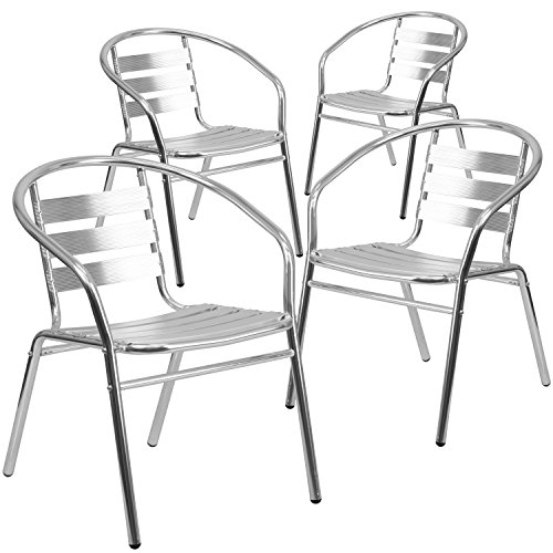 Flash Furniture 4 Pack Commercial Aluminum Indoor-Outdoor Restaurant Stack Chair with Triple Slat Back and Arms