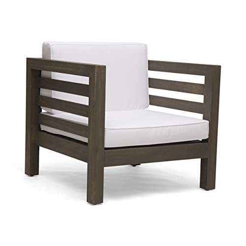 Great Deal Furniture Louise Outdoor Acacia Wood Club Chairs with Cushions (Set of 2), Gray Finish and White