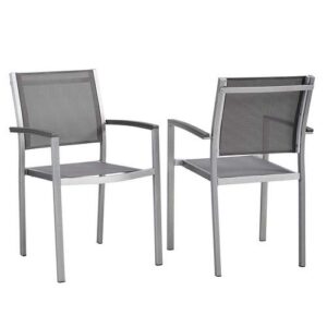 modway shore aluminum two outdoor patio dining arm chairs in silver gray