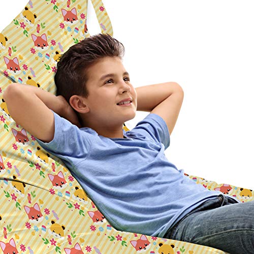 Ambesonne Cartoon Lounger Chair Bag, Happy Little Foxes Flower Bouquets Ice Cream Candy Cheerful Pattern, High Capacity Storage with Handle Container, Lounger Size, Pastel Yellow Multicolor