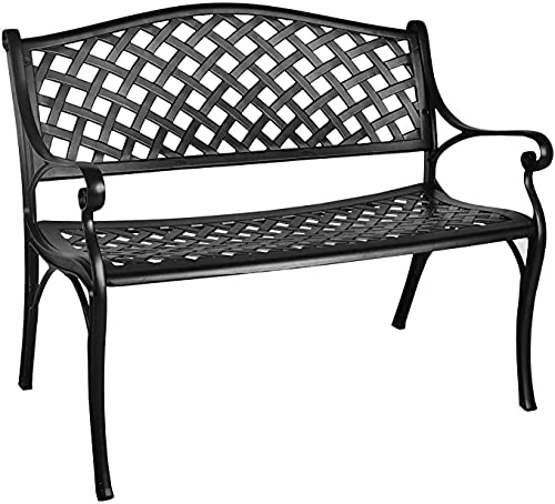 TITIMO 41” Outdoor Garden Bench with Armrests Sturdy Cast Aluminum Porch Loveseat Chair for All-Weather Patio Park Path Yard Lawn Work Entryway Decor Deck (Black)