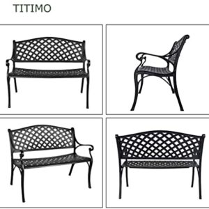 TITIMO 41” Outdoor Garden Bench with Armrests Sturdy Cast Aluminum Porch Loveseat Chair for All-Weather Patio Park Path Yard Lawn Work Entryway Decor Deck (Black)