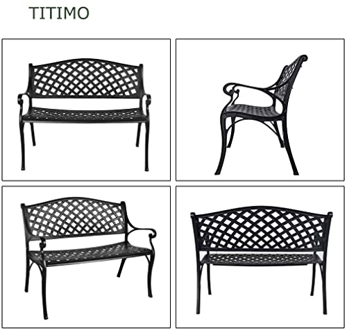 TITIMO 41” Outdoor Garden Bench with Armrests Sturdy Cast Aluminum Porch Loveseat Chair for All-Weather Patio Park Path Yard Lawn Work Entryway Decor Deck (Black)