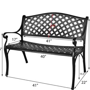 TITIMO 41” Outdoor Garden Bench with Armrests Sturdy Cast Aluminum Porch Loveseat Chair for All-Weather Patio Park Path Yard Lawn Work Entryway Decor Deck (Black)