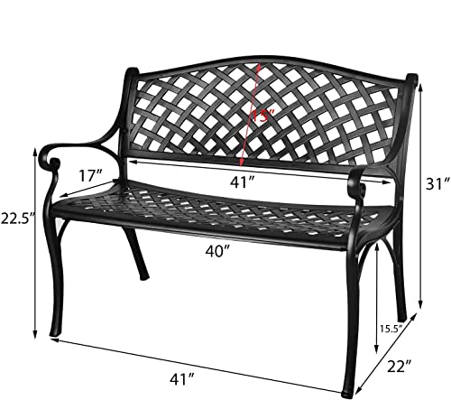 TITIMO 41” Outdoor Garden Bench with Armrests Sturdy Cast Aluminum Porch Loveseat Chair for All-Weather Patio Park Path Yard Lawn Work Entryway Decor Deck (Black)