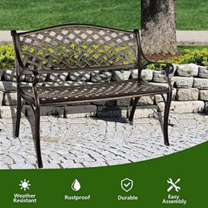 TITIMO 41” Outdoor Garden Bench with Armrests Sturdy Cast Aluminum Porch Loveseat Chair for All-Weather Patio Park Path Yard Lawn Work Entryway Decor Deck (Black)