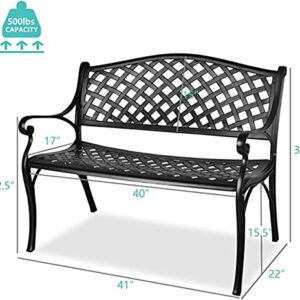 TITIMO 41” Outdoor Garden Bench with Armrests Sturdy Cast Aluminum Porch Loveseat Chair for All-Weather Patio Park Path Yard Lawn Work Entryway Decor Deck (Black)