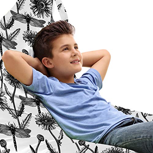 Ambesonne Nature Art Lounger Chair Bag, Monotone Print Hand Drawn Like Flowers and Dragonflies Pattern, High Capacity Storage with Handle Container, Lounger Size, Charcoal Grey White